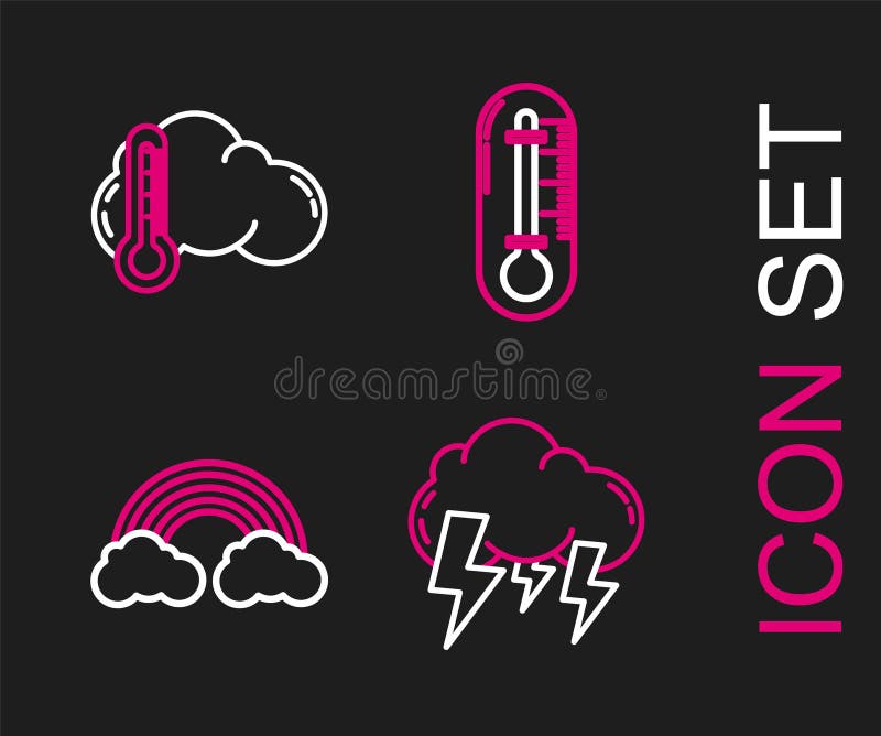 Set Line Storm, Rainbow with Clouds, Thermometer and and Icon. Vector ...