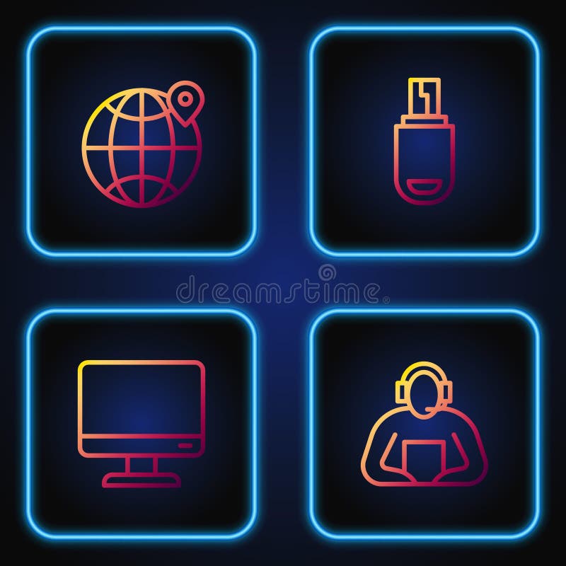 Set Line Student, Computer Monitor Screen, Location the Globe and USB ...