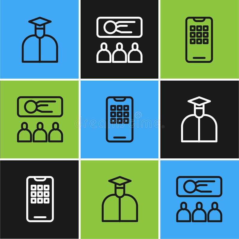 Set Line Student, Mobile Phone and Training, Presentation Icon. Vector ...