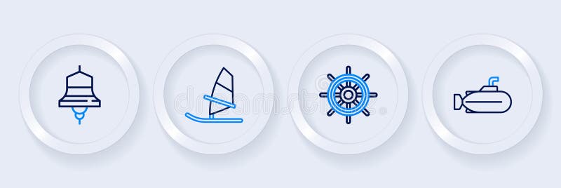 Set Line Submarine, Ship Steering Wheel, Windsurfing and Bell Icon ...