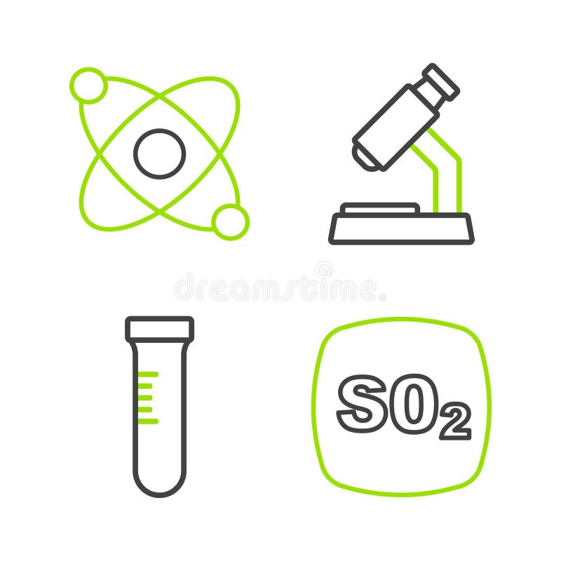 Set Line Sulfur Dioxide SO2, Test Tube, Microscope and Atom Icon ...