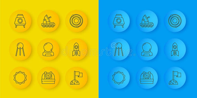 Set Line Sun, Satellite, Astronaut Helmet, Moon with Flag, Rocket Ship ...