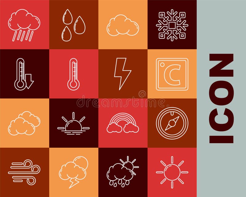 Set Line Sun, Wind Rose, Celsius, Cloud, Thermometer, with Rain and ...