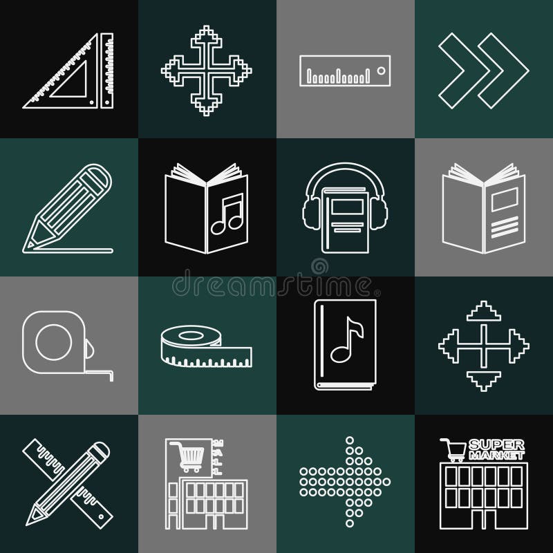 Set Line Supermarket Building, Pixel Arrows Four Directions, Open Book ... Set Line Supermarket Building, Pixel Arrows Four Directions, Open Book ...