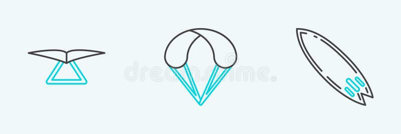 Set Line Surfboard, Hang Glider and Parachute Icon. Vector Stock ...