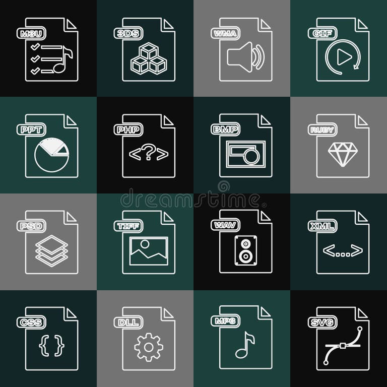 Set Line SVG File Document, XML, RUBY, WMA, PHP, PPT, M3U and BMP Icon. Vector Stock ...