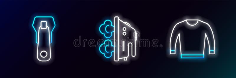 Set Line Sweater, Zipper and Electric Iron Icon. Glowing Neon. Vector ...