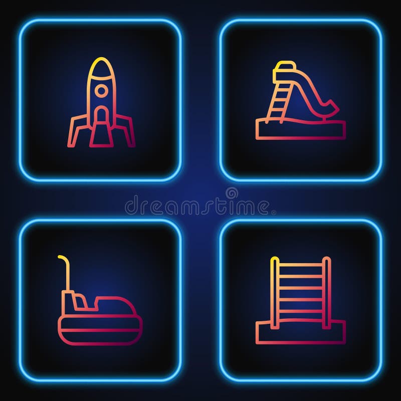 Set Line Swedish Wall, Bumper Car, Rocket Ship and Kid Slide. Gradient Color Icons Stock Vector ...