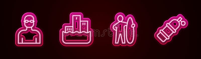 Set Line Swimmer, Winner Podium, Surfboard and Aqualung. Glowing Neon ...