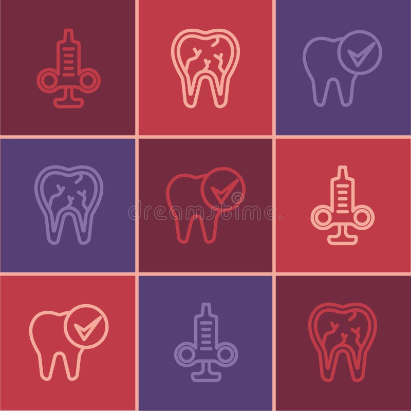 Set Line Syringe, Tooth and Broken Tooth Icon. Vector Stock Vector ...