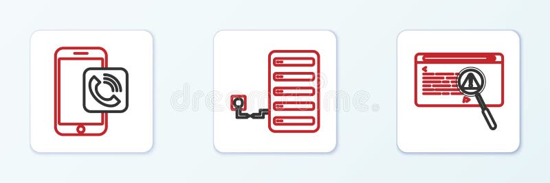 Set Line System Bug Concept, Mobile Phone Call and Server Icon. Vector ... Set Line System Bug Concept, Mobile Phone Call and Server Icon. Vector ...