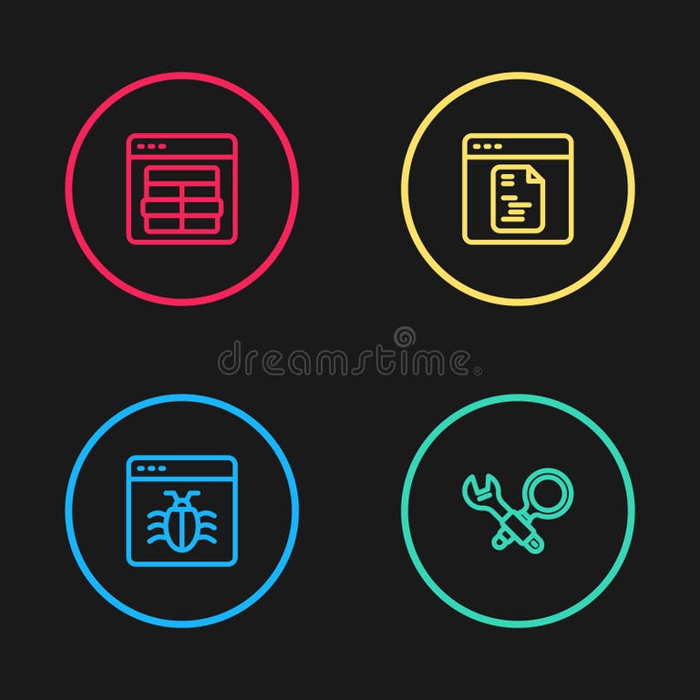 Set Line System Bug, Debugging, Software and MySQL Code Icon. Vector Stock Vector - Illustration ...