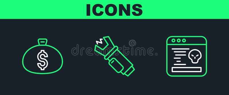 Set Line System Bug, Money Bag and Police Electric Shocker Icon. Vector ... Set Line System Bug, Money Bag and Police Electric Shocker Icon. Vector ...