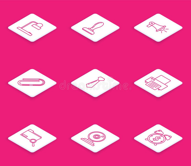 Set Line Table Lamp, Stamp, Megaphone, Paper Clip, Tie, Printer, Search ...