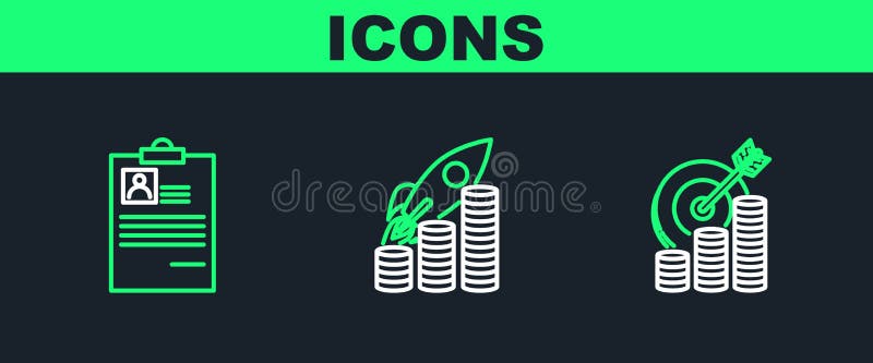 Set Line Target with Coin Symbol, Clipboard Resume and Rocket Flying Up ... Set Line Target with Coin Symbol, Clipboard Resume and Rocket Flying Up ...