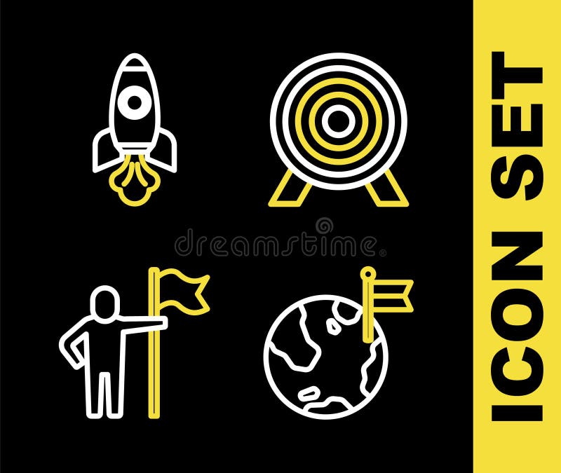 Set Line Target, Planet with Flag, Man Holding and Rocket Ship Icon ...