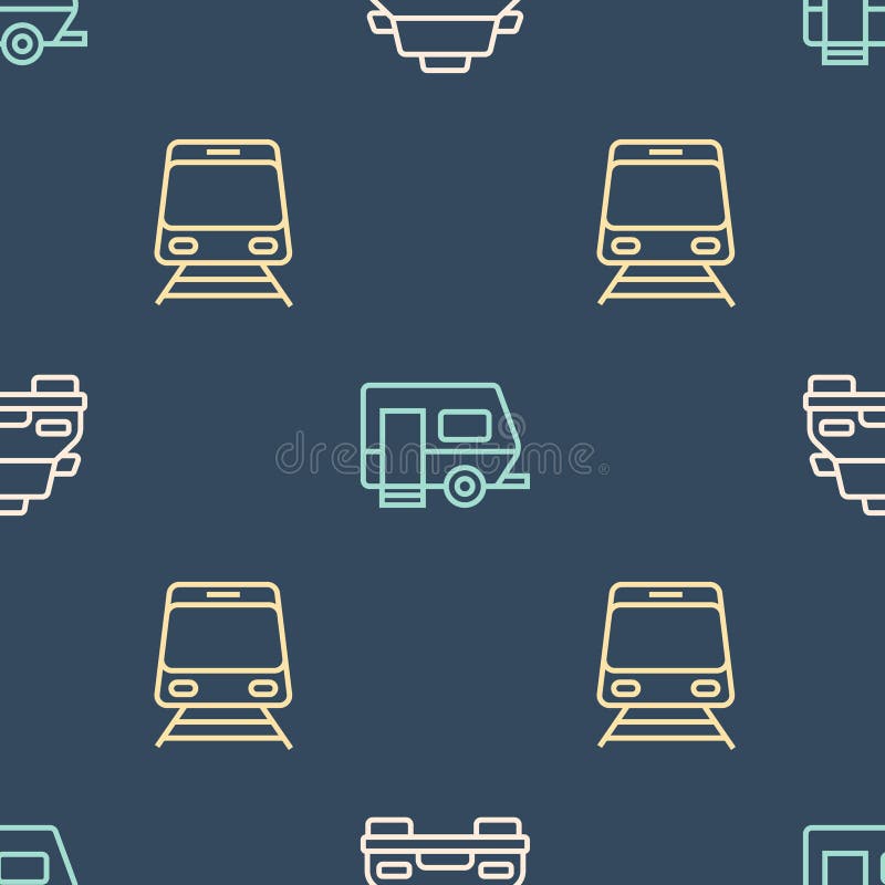 Set Line Taxi Car, Train and Railway and Rv Camping Trailer on Seamless ...