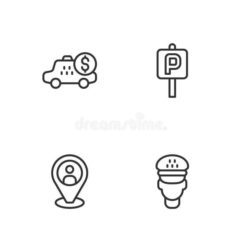 Set Line Taxi Driver, Client, Taximeter Device and Parking Icon. Vector ...