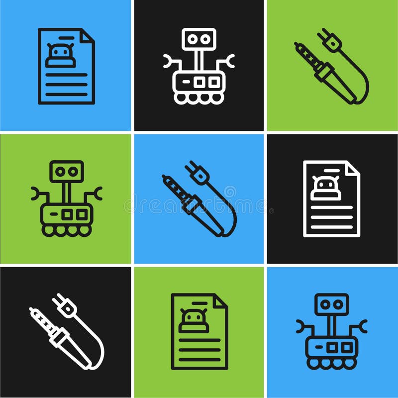 Set Line Technical Specification, Soldering Iron and Robot Icon. Vector ...