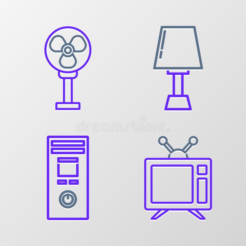 Set Line Television, Remote Control, Table Lamp and Electric Fan Icon ... Set Line Television, Remote Control, Table Lamp and Electric Fan Icon ...