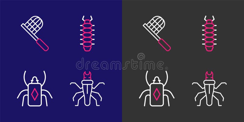 Set Line Termite, Beetle Bug, Centipede and Butterfly Net Icon. Vector ...