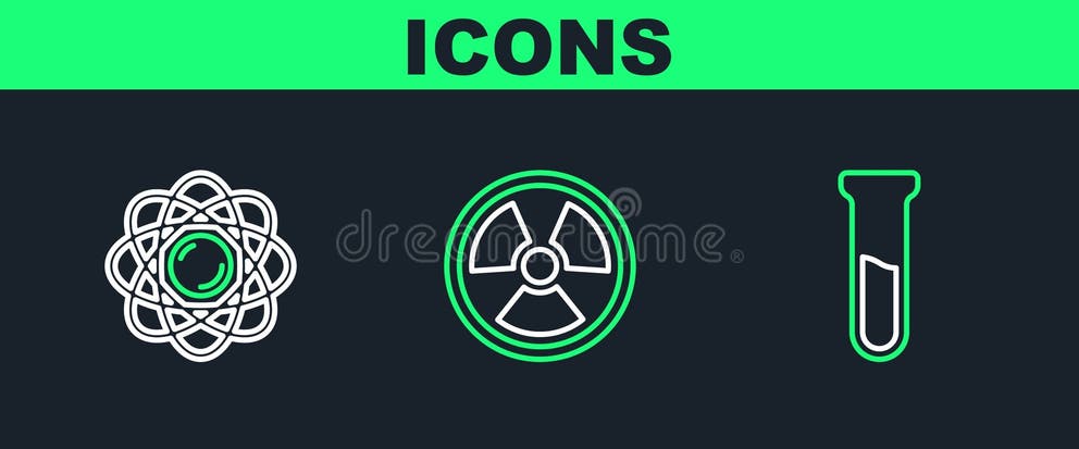 Set Line Test Tube and Flask, Atom and Radioactive Icon. Vector Stock ...