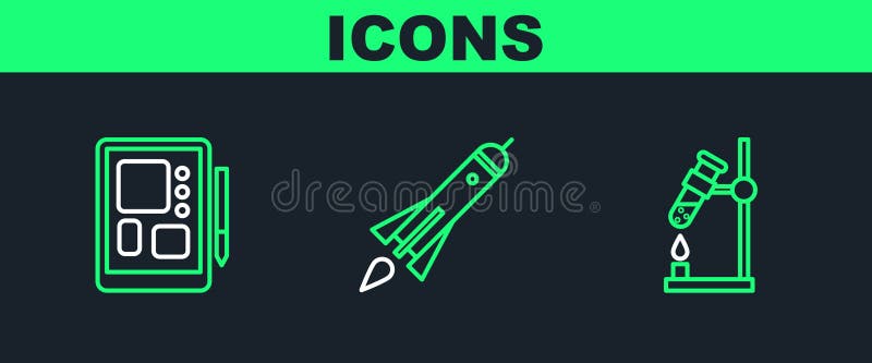 Set Line Test Tube Flask on Fire, Graphic Tablet and Rocket Ship with ... Set Line Test Tube Flask on Fire, Graphic Tablet and Rocket Ship with ...