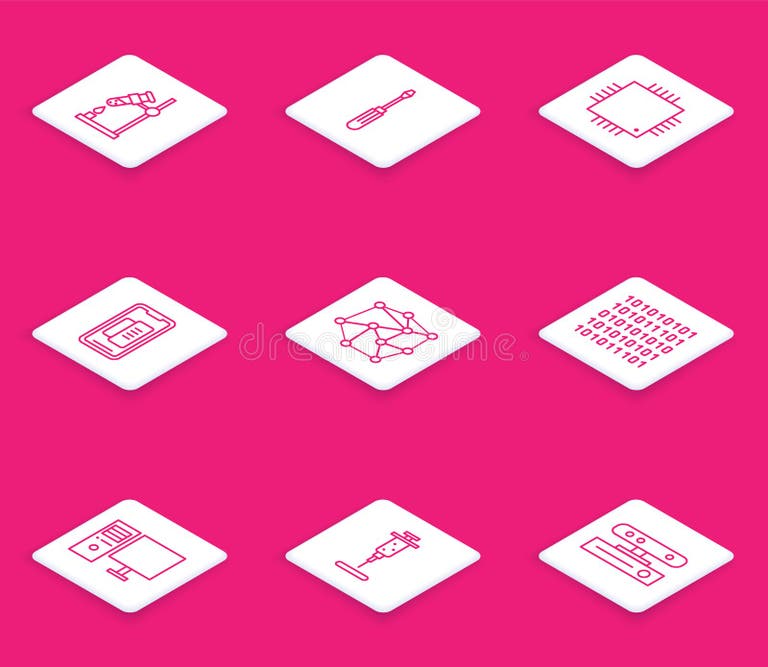 Set Line Test Tube Flask On Fire Screwdriver Processor With Microcircuits Cpu Smartphone