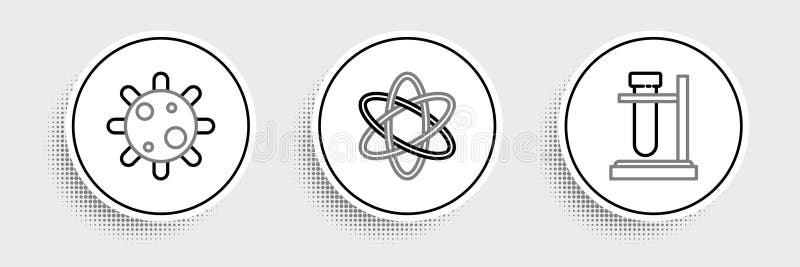 Set Line Test Tube Flask on Stand, Bacteria and Atom Icon. Vector Stock ...