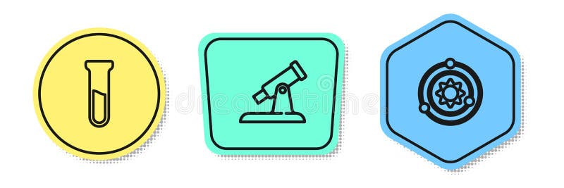 Set Line Test Tube and Flask, Telescope and Solar System. Colored ...