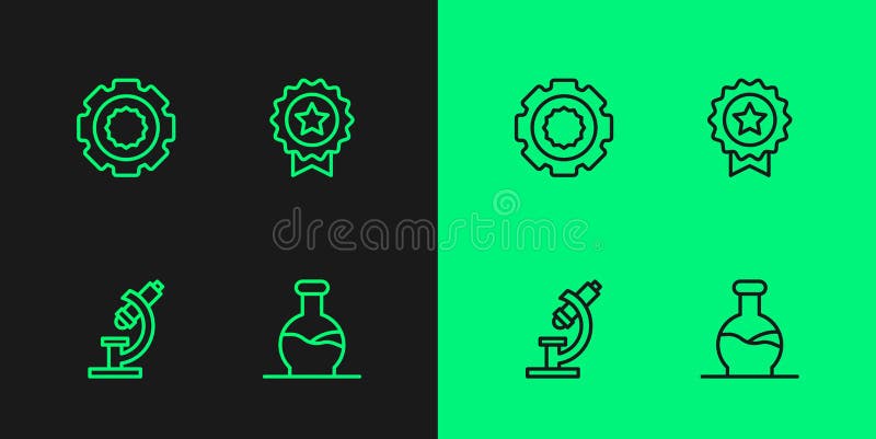 Set Line Test Tube, Microscope, Gear and Medal with Star Icon. Vector ...