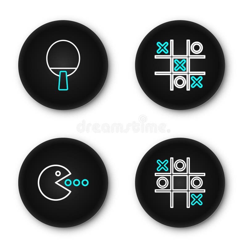 Set Line Tic Tac Toe Game, Pacman with Eat, and Racket Icon. Vector ...