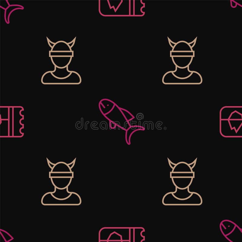 Set Line Ticket in Iceland, Viking Head and Fish on Seamless Pattern ...