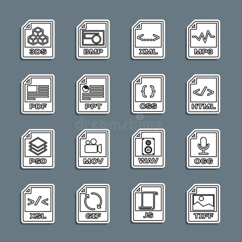 Set Line TIFF File Document, OGG, HTML, XML, PPT, PDF, 3DS and CSS Icon ... Set Line TIFF File Document, OGG, HTML, XML, PPT, PDF, 3DS and CSS Icon ...
