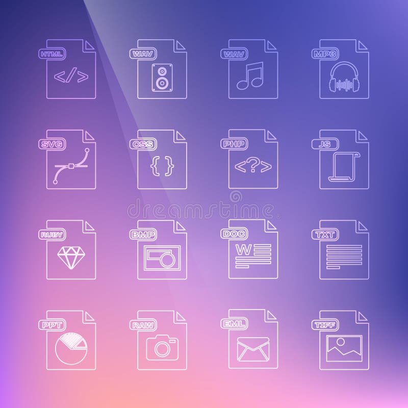 Set Line Tiff File Document Txt Js Wav Css Svg Html And Php Icon Vector Stock