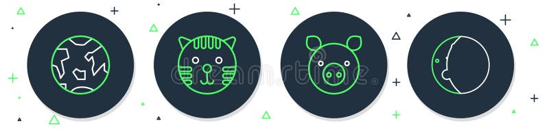 Set Line Tiger Zodiac, Pig, Planet Earth and Eclipse of the Sun Icon ...