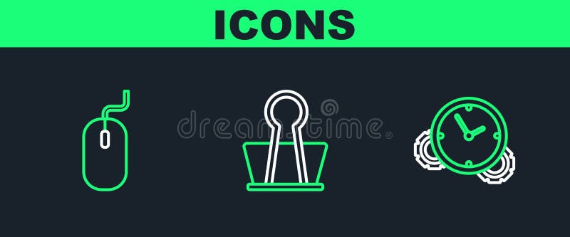 Set Line Time Management, Computer Mouse and Binder Clip Icon. Vector ... Set Line Time Management, Computer Mouse and Binder Clip Icon. Vector ...
