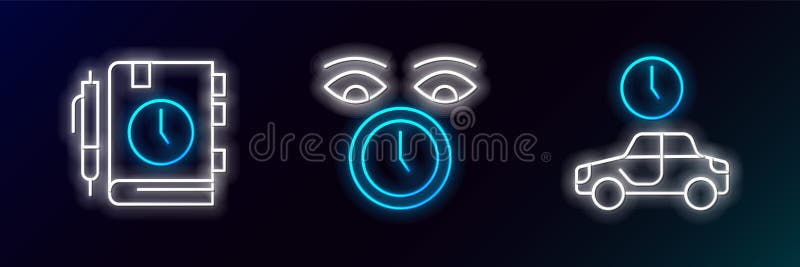 Set Line Time To Travel, daily Paper Notepad and Clock Icon. Glowing ...