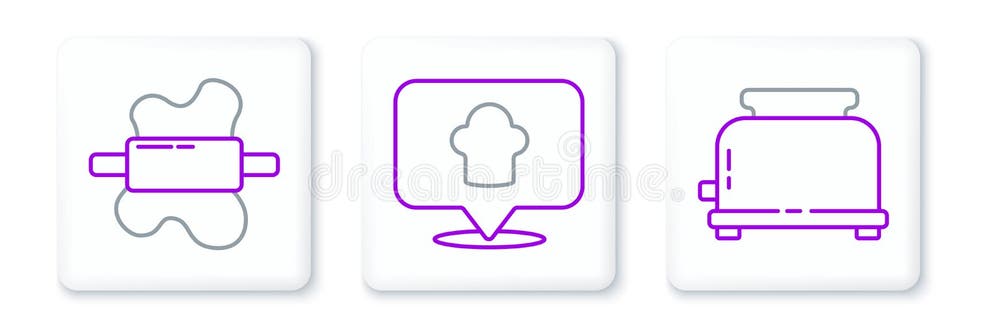 Set Line Toaster, Rolling Pin on Dough and Chef Hat with Location Icon ...
