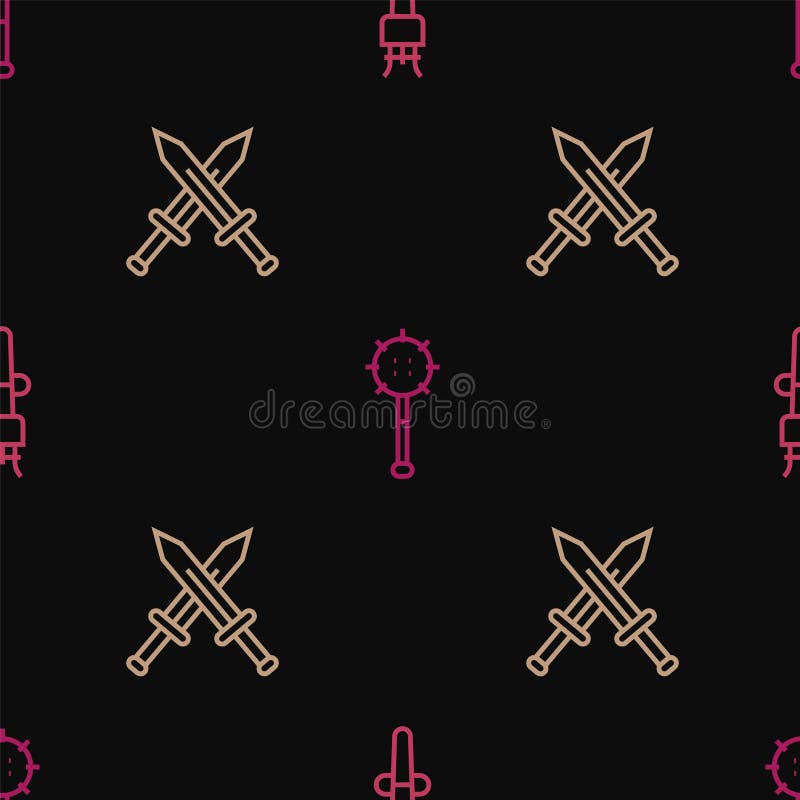 Set Line Torch Flame, Crossed Medieval Sword and Medieval Chained Mace ...