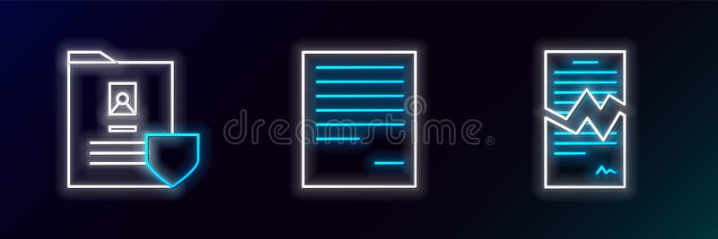 Set Line Torn Contract, Document with Shield and Icon. Glowing Neon ... Set Line Torn Contract, Document with Shield and Icon. Glowing Neon ...