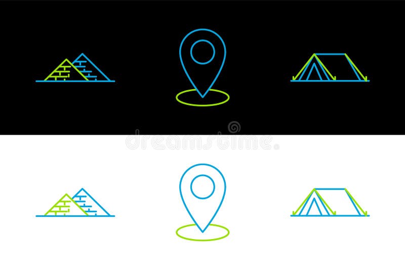 Set Line Tourist Tent, Egypt Pyramids and Map Pin Icon. Vector Stock ...