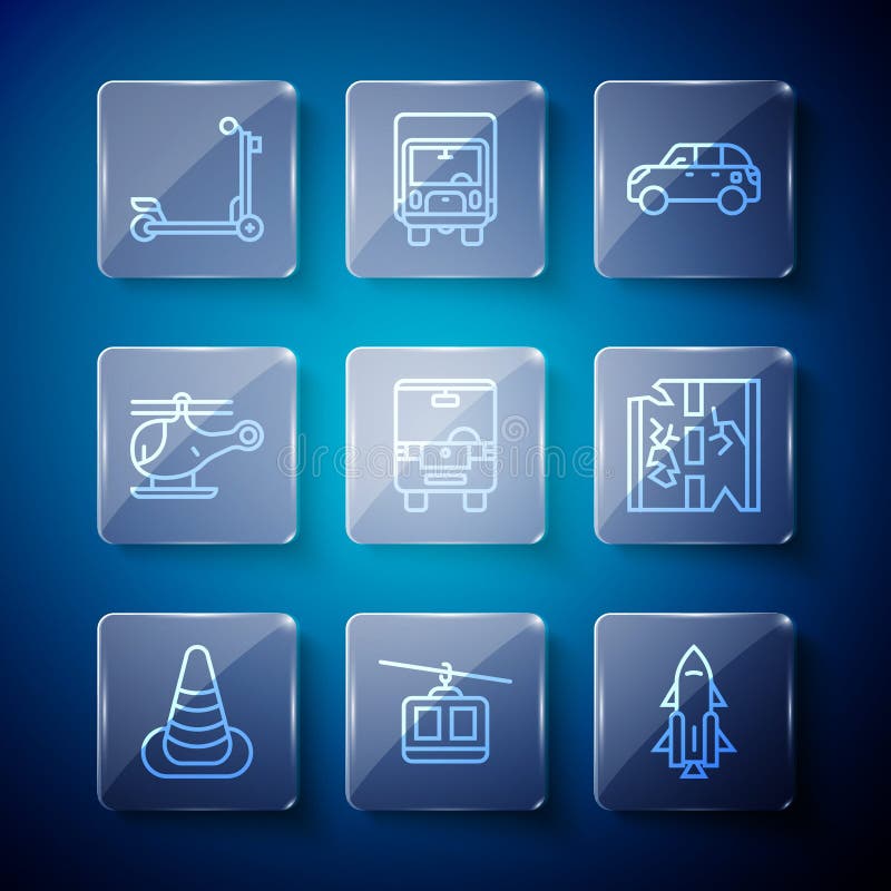 Set Line Traffic Cone, Cable Car, Rocket Ship with Fire, Hatchback, Bus ...