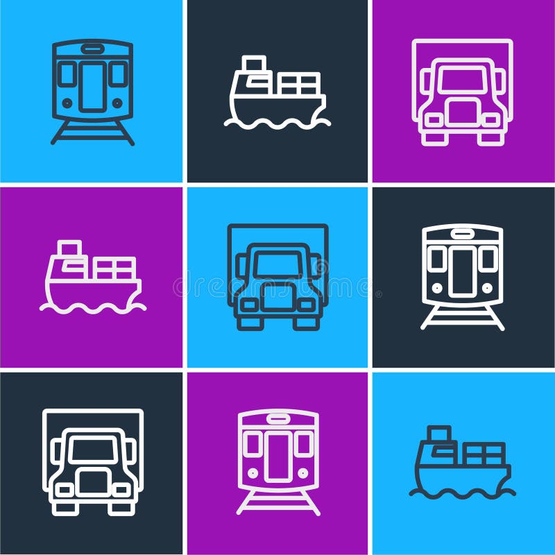 Set Line Train and Railway, Delivery Cargo Truck and Cargo Ship with ...