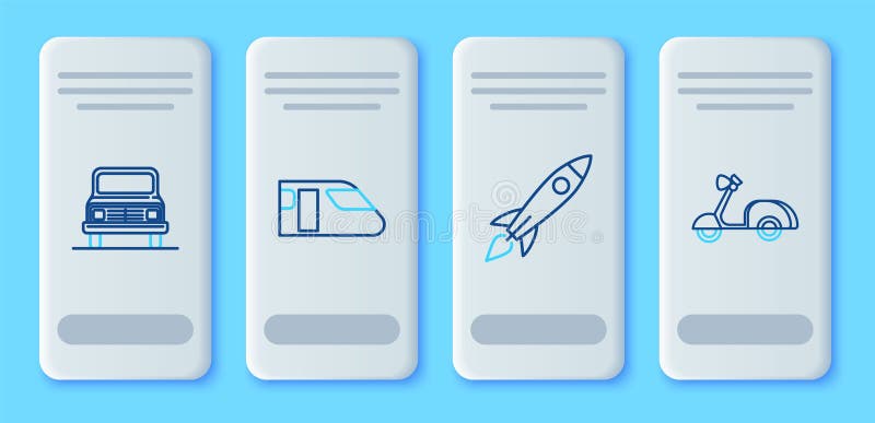 Set Line Train, Rocket Ship with Fire, Car and Scooter Icon. Vector ... Set Line Train, Rocket Ship with Fire, Car and Scooter Icon. Vector ...