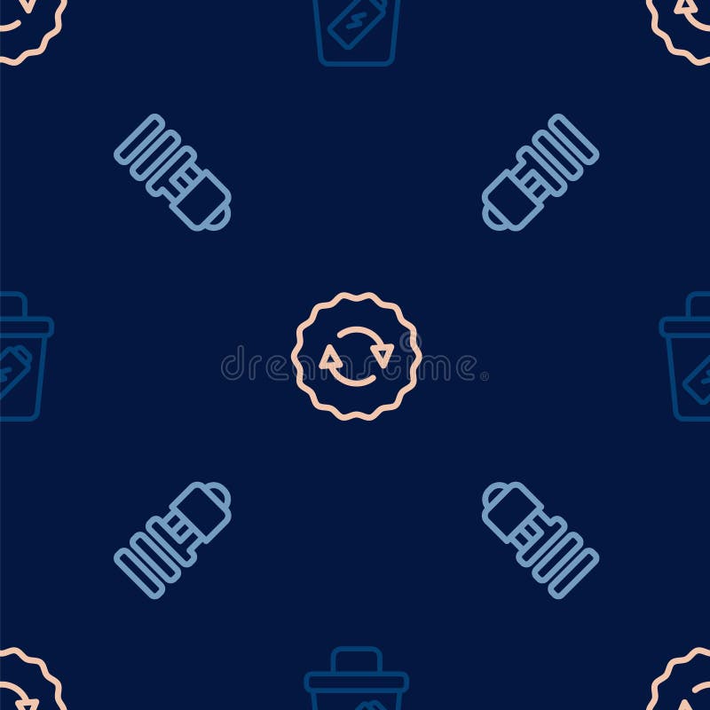 Set Line Trash Can, LED Light Bulb and Recycle Symbol on Seamless ...