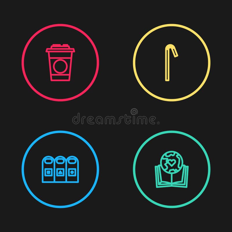 Set Line Trash in Garbage Cans Sorted, Earth Globe and Book, Drinking ...