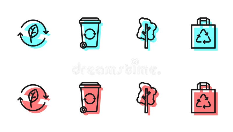 Set Line Tree, Recycle Symbol with Leaf, Bin and Shopping Bag Recycle ... Set Line Tree, Recycle Symbol with Leaf, Bin and Shopping Bag Recycle ...