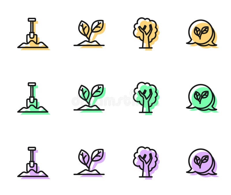 Set Line Tree, Shovel, Sprout and Leaf Icon. Vector Stock Illustration ...
