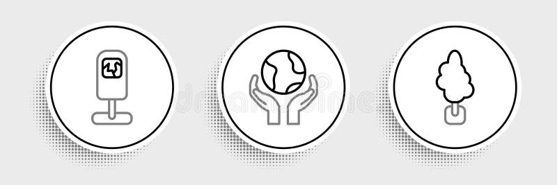 Set Line Tree, Trash Can and Hands Holding Earth Globe Icon. Vector ...